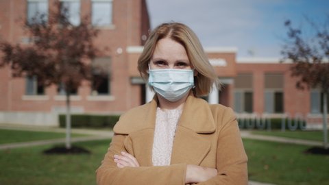 Portrait Masked Teacher Front School Building Stock Footage Video (100% ...
