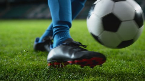 Closeup Leg Boot Kicking Football Ball Stock Footage Video (100% ...