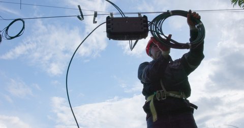 Telecoms Worker Shown Working Utility Pole Stock Footage Video (100% ...