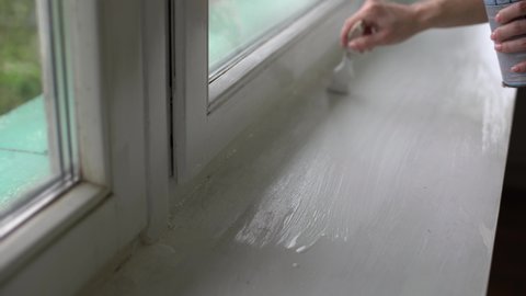 Woman Paints Slopes Window White Paint Stock Footage Video (100% ...