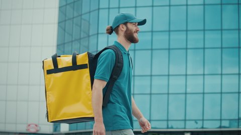 Delivery Guy Uniform Thermal Backpack Going Stock Footage Video (100% ...