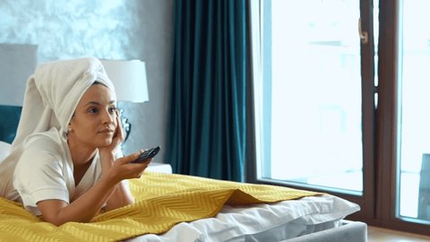 Caucasian Joyful Young Woman Robe Lying Stock Footage Video (100% ...