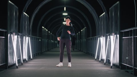 Concentrated Woman Dancing Like Robot Darkness Stock Footage Video 100