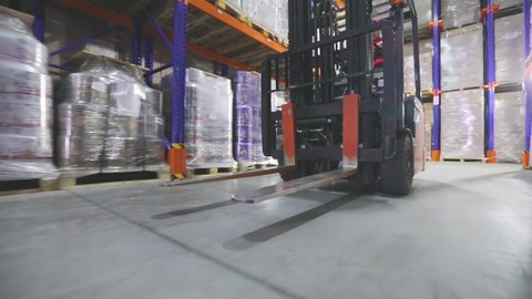 Closeup Forklift Moving Through Warehouse Forklift Stock Footage Video ...