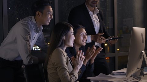 Group Asian Businesspeople Looking Computer Screen Stock Footage Video ...