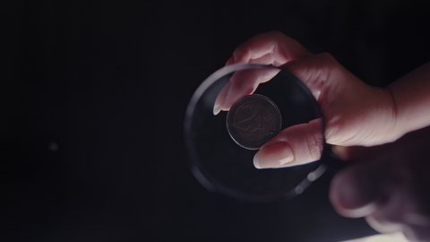 Examination 2 Euro Coin Under Magnifying Stock Footage Video (100% ...