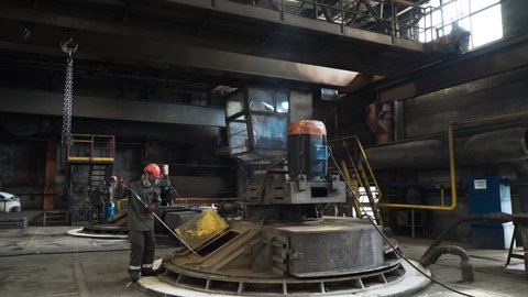 Steelworker Factory Stirring Liquid Metal Furnace Stock Footage Video ...