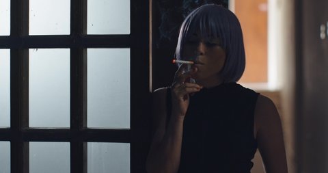 Closeup Young Woman Purple Hair Smoking Stock Footage Video (100% ...