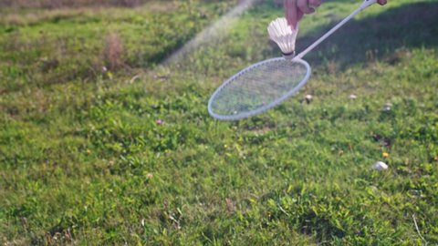 Closeup Badminton Racket Hitting Shuttlecock Against Stock Footage ...