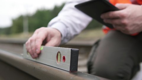 Railway Worker Checks Rails Misalignment Special Stock Footage Video ...