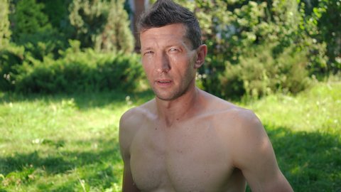 Zoom Exhausted Sweating Sportsman Posing Outdoors Stock Footage Video ...