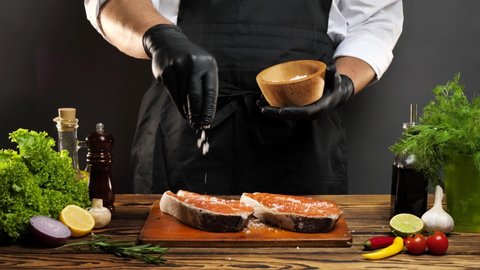 Chef Salting Salmon Steaks On Wooden Stock Footage Video (100% Royalty ...