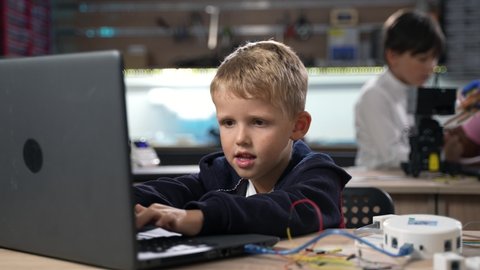 Portrait Smart Cute Little Boy Programming Stock Footage Video (100% ...