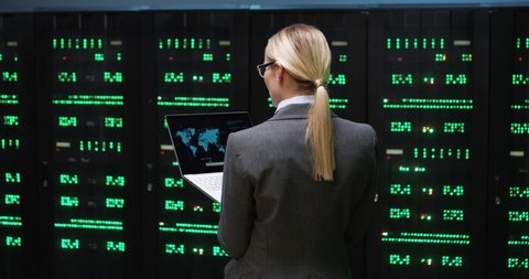 Blond Woman Programmer Suit Standing Server Stock Footage Video (100% ...