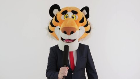 Man Suit Head Tiger Microphone News Stock Footage Video (100% Royalty ...
