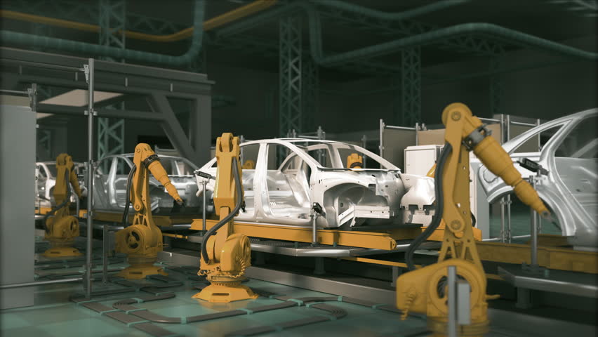 Car Factory 3D Concept: Automated Robot Arm Assembly Line Manufacturing High-Tech Green Energy ...