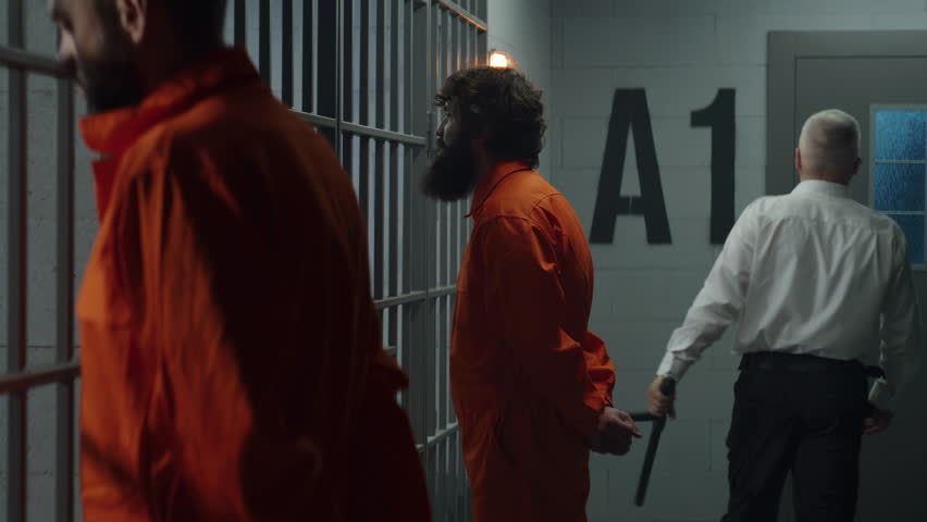 Two prisoners in orange uniforms stand facing the metal bars in front ...