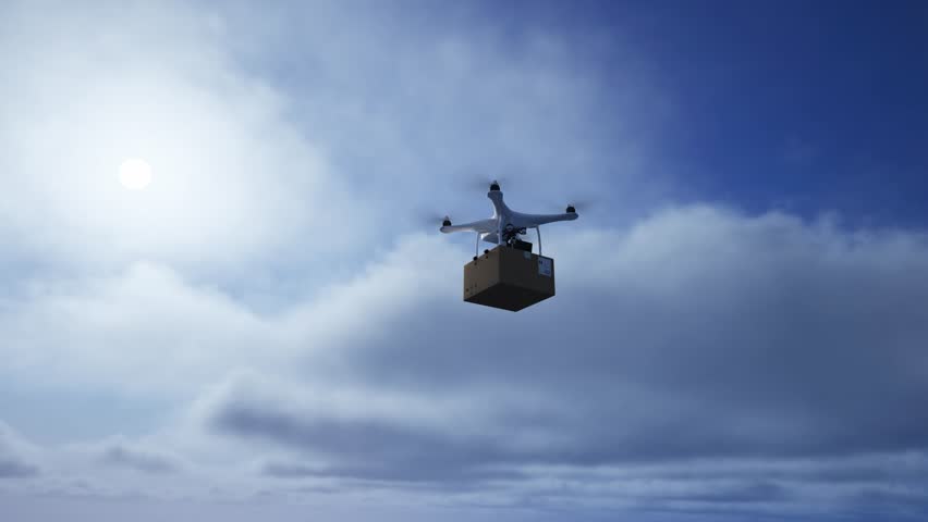 4K footage of a flying delivery drone with holding a cardboard parcel ...