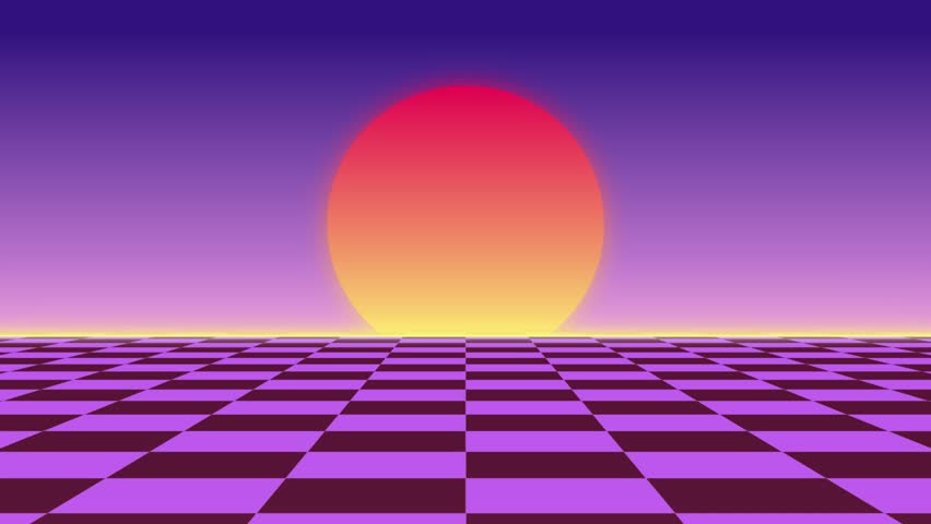 Stylized vintage 3D animation background with sun, palm trees and ...