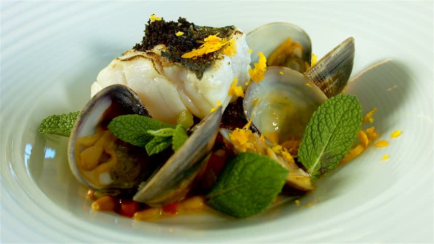 gourmet cooking bass fish clams plating Stock Footage Video (100% ...