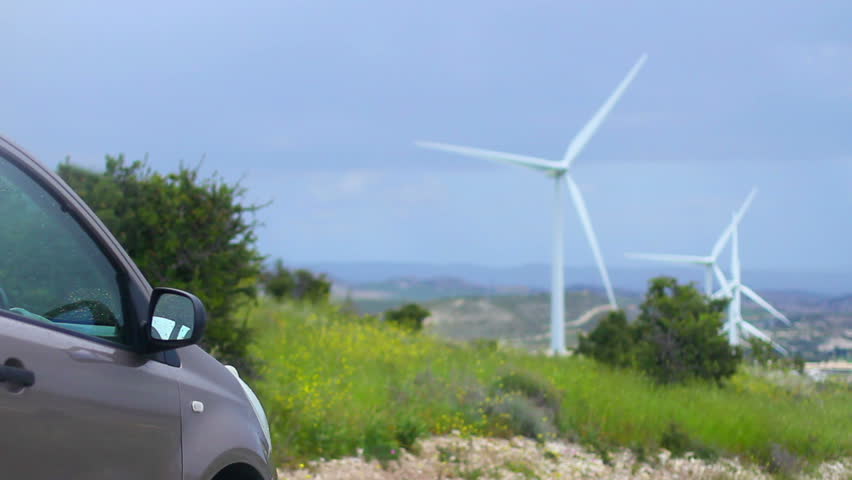 Electric Car, Wind Turbines Rotating, Stock Footage Video (100% Royalty ...