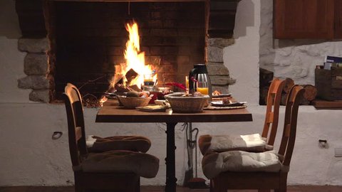 Chairs Table Near Fireplace Delicious Meal Stock Footage Video (100% ...