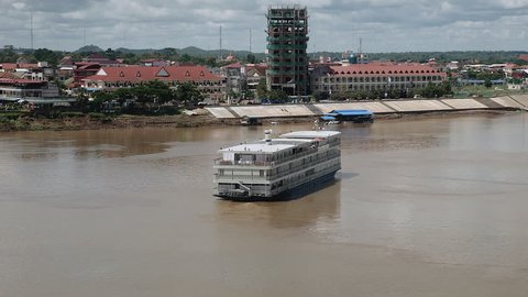 Back View River Cruise Ship Reaching Stock Footage Video (100% Royalty ...