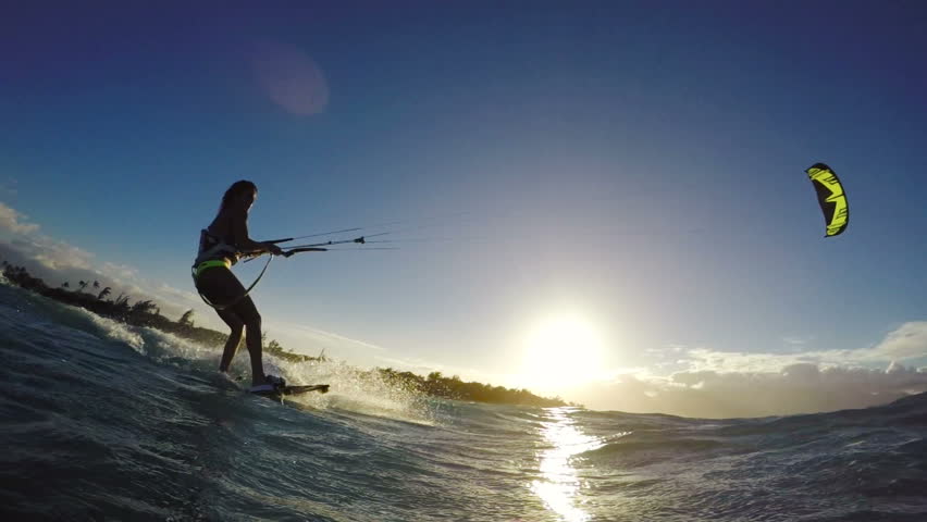 Extreme Kitesurfing Woman at Sunset. Stock Footage Video (100% Royalty ...