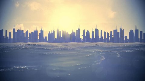 Cityscape Skyline Ocean Rising Sea Level Stock Footage Video (100% ...