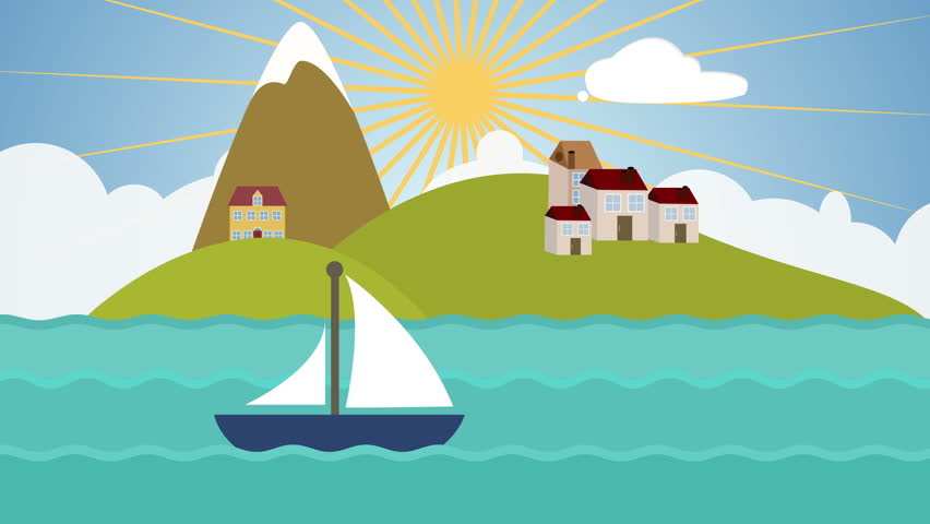 colorful cartoon boat sailing slowly ocean Stock Footage Video (100% ...