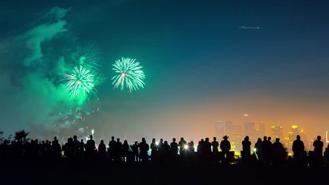 Crowd People Silhouettes Watching Dramatic Fireworks Stock Footage ...