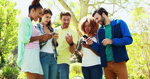 Group Friends Using Mobile Phone Park Stock Footage Video (100% Royalty ...