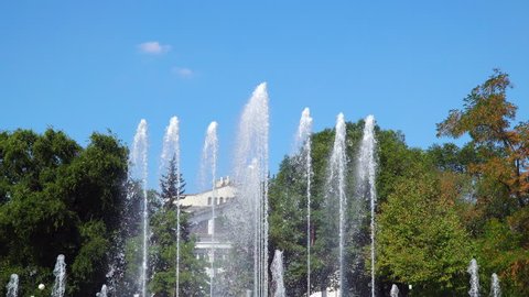 Jets Fountain Background Blue Sky Trees Stock Footage Video (100% ...