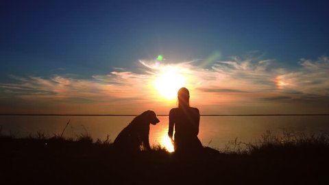 Woman Hugs Her Dog Sunset On Stock Footage Video (100% Royalty-free ...