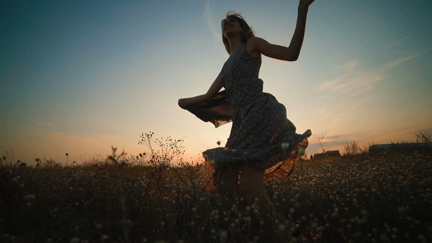 beautiful young girl spinning field sunset Stock Footage Video (100% ...