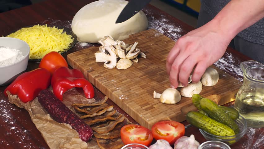 Mans Hands Cut Salami On Stock Footage Video (100% Royalty-free ...