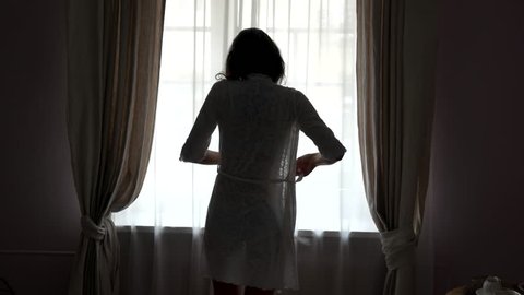 Woman Standing Beside Window Lady Raising Stock Footage Video (100% ...