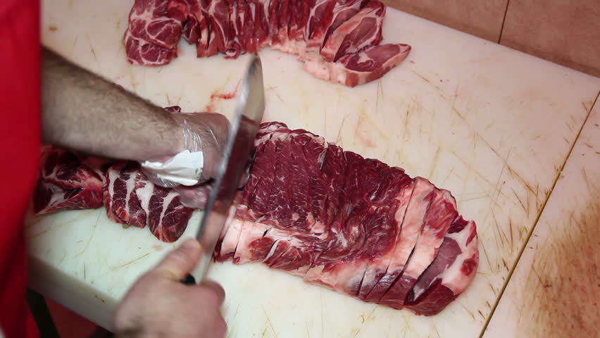 Butcher Cutting Meat Butcher Man Hand Stock Footage Video (100% Royalty ...