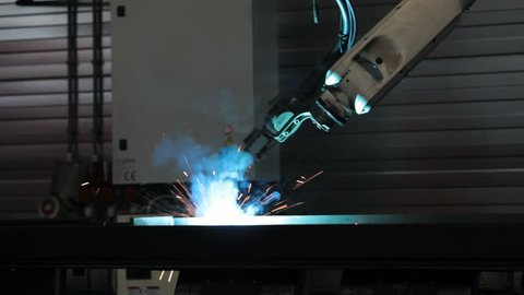 Industrial Computer Welding Robot Sparkling Away Stock Footage Video ...
