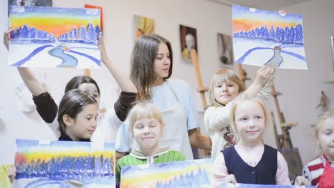 Children Show Their Work On Drawing Stock Footage Video (100% Royalty ...