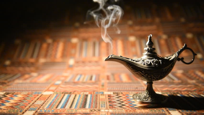 Antique Aladdin arabian nights genie style oil lamp with soft light ...