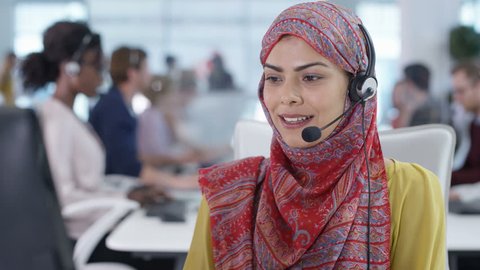 Smiling Beautiful Muslim Businesswoman Telemarketing Agent Stock Photo ...