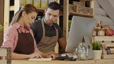 Young Man Woman Aprons Standing Behind Stock Footage Video (100% ...