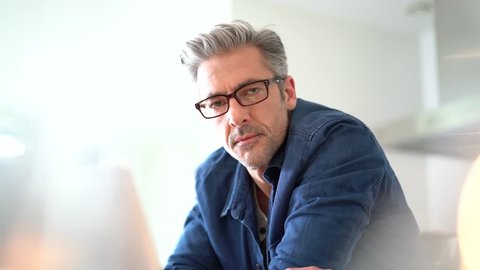 Handsome 45yearold Man Home Connected On Stock Footage Video (100% ...