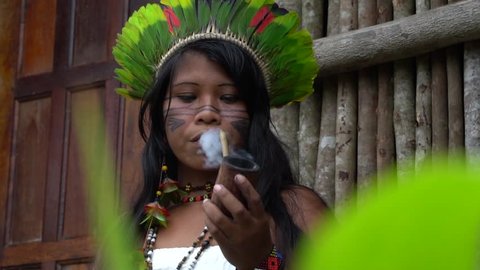 Indigenous Woman Smoking Pipes Tupi Guarani Stock Footage Video (100% ...