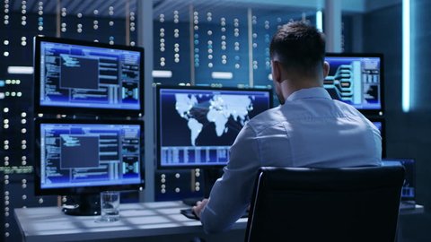 Back View Technical Controller Operator Working Stock Footage Video ...