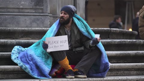 Lonely Homeless Sitting On Steps Asking Stock Footage Video (100% ...