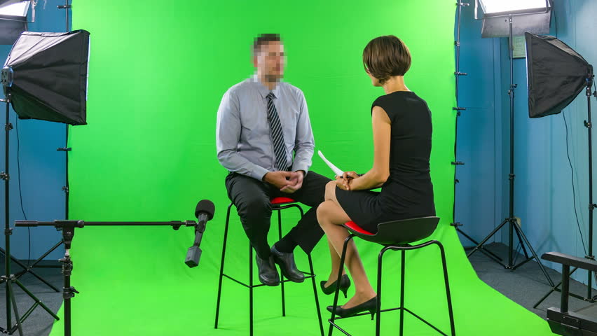 female presenter interviewing man pixelated hidden Stock Footage Video ...