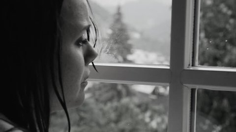 Woman Crying Looking Out Window Rain Stock Footage Video (100% Royalty ...