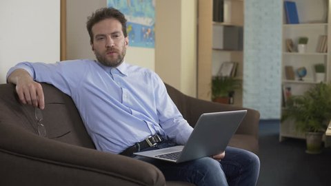 Food Critic Sitting Laptop Thinking About Stock Footage Video (100% ...